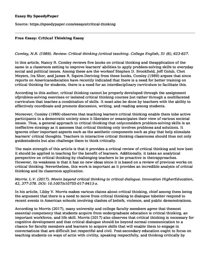 Free Essay Critical Thinking SpeedyPaper Free Essay Critical Thinking SpeedyPaper