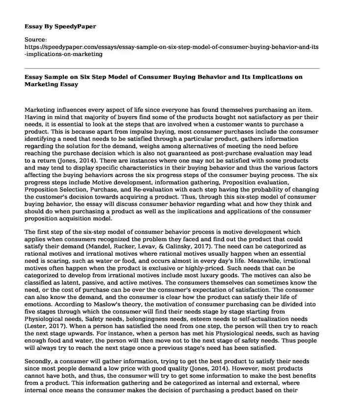 Essay Sample On Six Step Model Of Consumer Buying Behavior And Its Essay Sample On Six Step Model Of Consumer Buying Behavior And Its