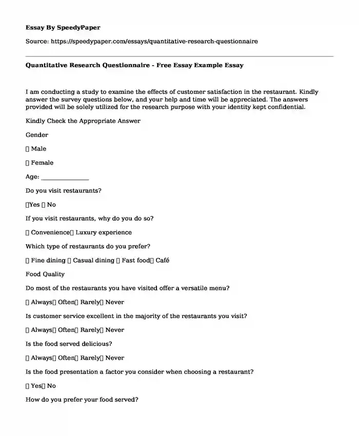 Quantitative Research Questionnaire Free Essay Example Quantitative Research Questionnaire Free Essay Example