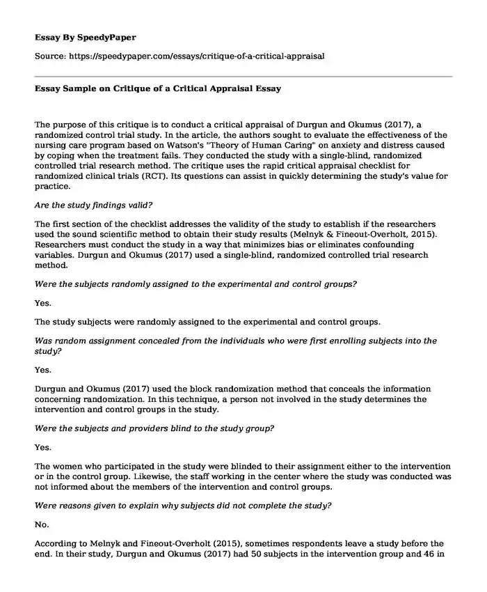 Essay Sample On Critique Of A Critical Appraisal SpeedyPaper Essay Sample On Critique Of A Critical Appraisal SpeedyPaper