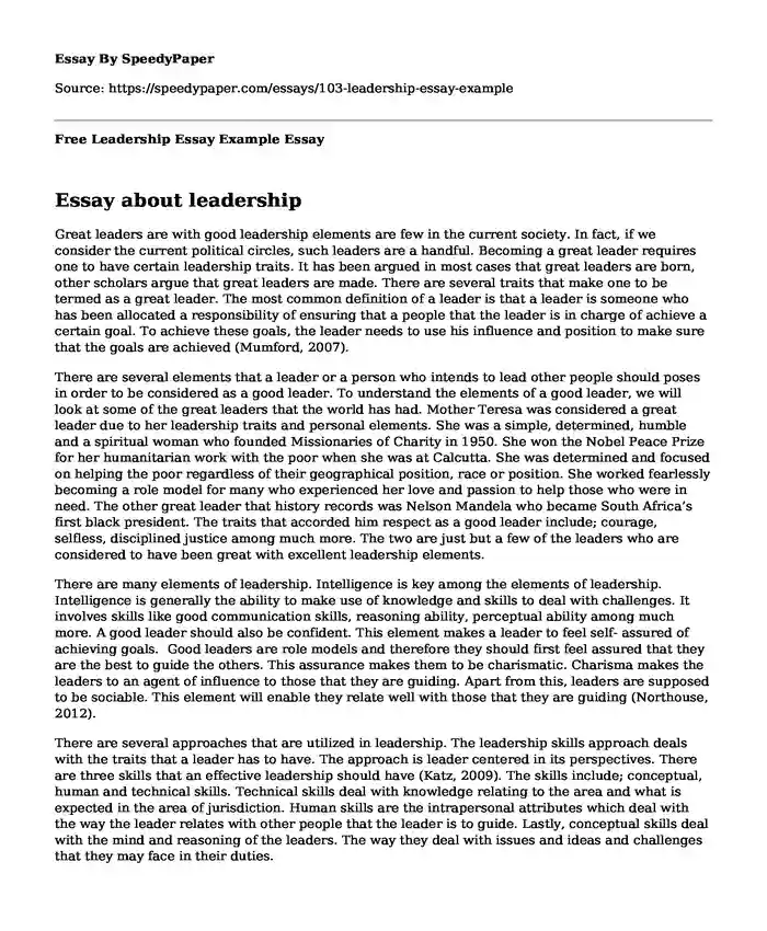  Free Leadership Essay Example SpeedyPaper