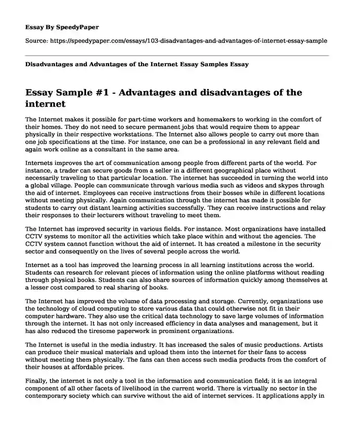 Disadvantages And Advantages Of The Internet Essay Samples