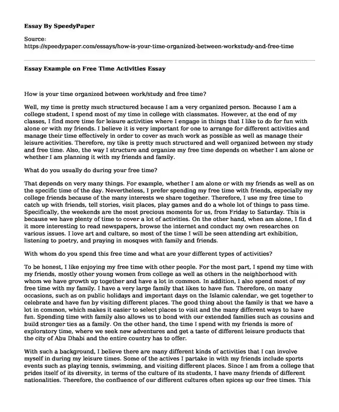 Essay Example On Free Time Activities SpeedyPaper Essay Example On Free Time Activities SpeedyPaper
