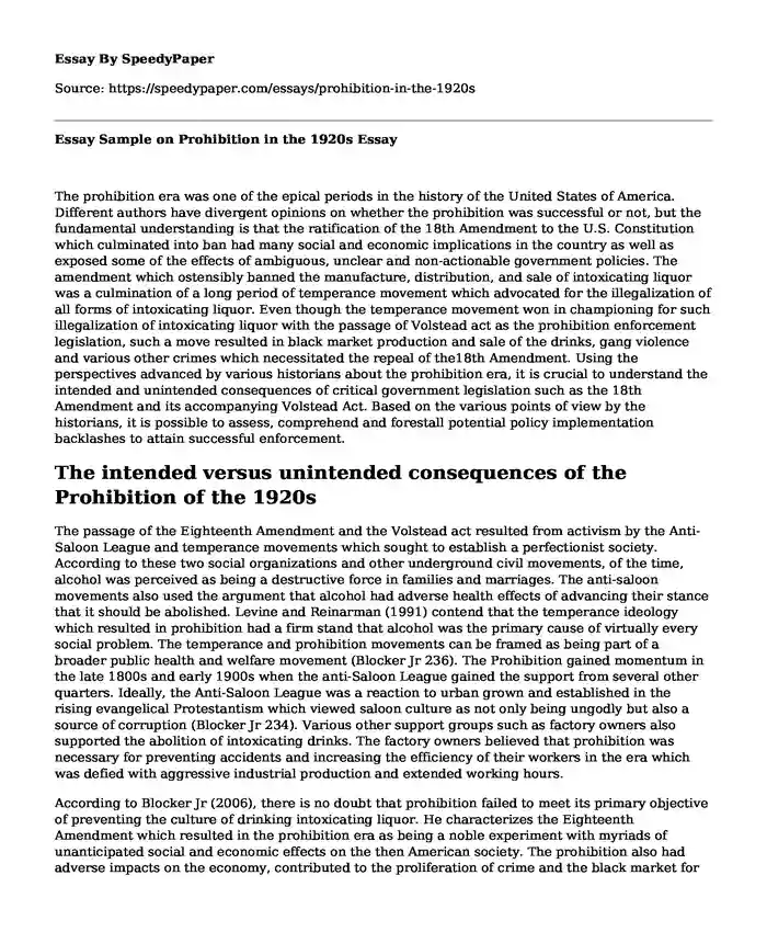 Essay Sample On Prohibition In The 1920s SpeedyPaper Essay Sample On Prohibition In The 1920s SpeedyPaper