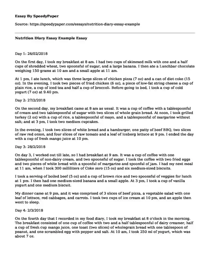 Nutrition Diary Essay Example SpeedyPaper Nutrition Diary Essay Example SpeedyPaper