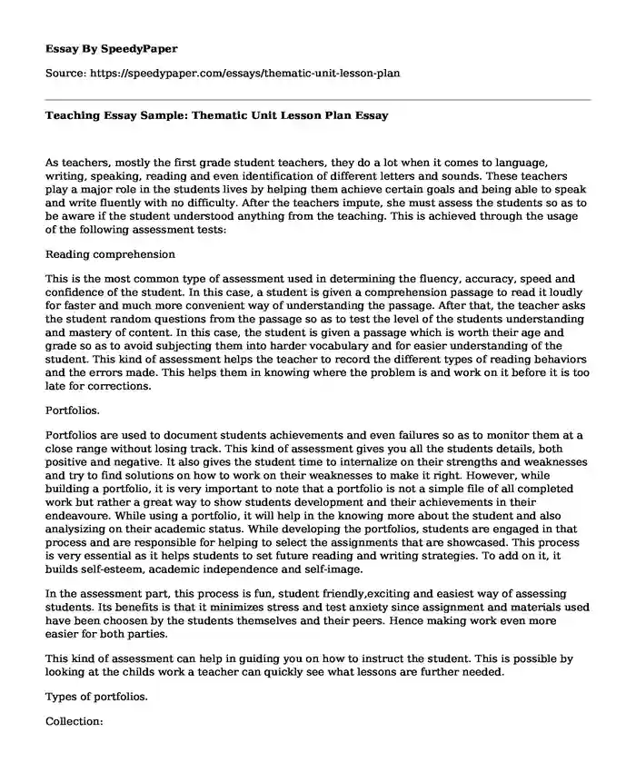  Teaching Essay Sample Thematic Unit Lesson Plan SpeedyPaper