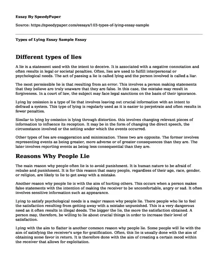 Types Of Lying Essay Sample SpeedyPaper Types Of Lying Essay Sample SpeedyPaper