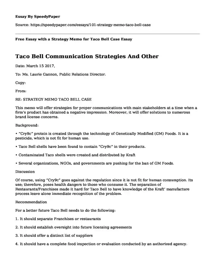  Free Essay With A Strategy Memo For Taco Bell Case SpeedyPaper