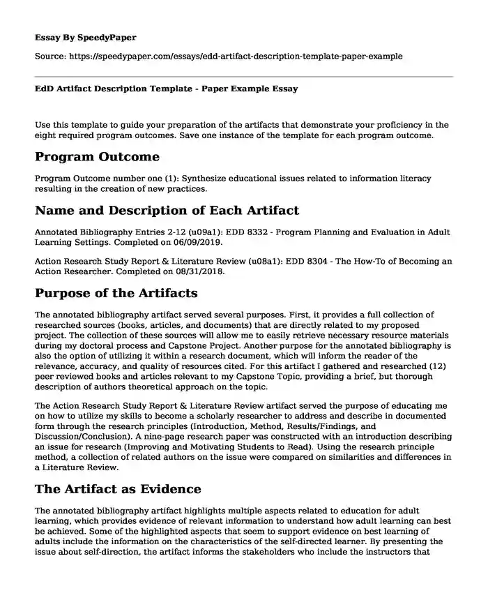 EdD Artifact Description Template Paper Example SpeedyPaper EdD Artifact Description Template Paper Example SpeedyPaper