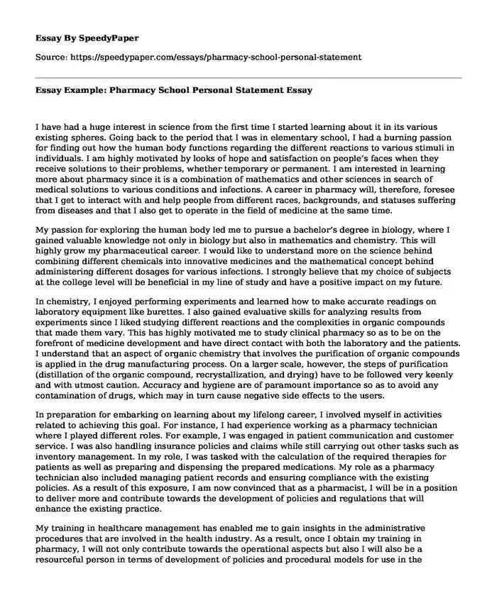 Essay Example Pharmacy School Personal Statement SpeedyPaper Essay Example Pharmacy School Personal Statement SpeedyPaper