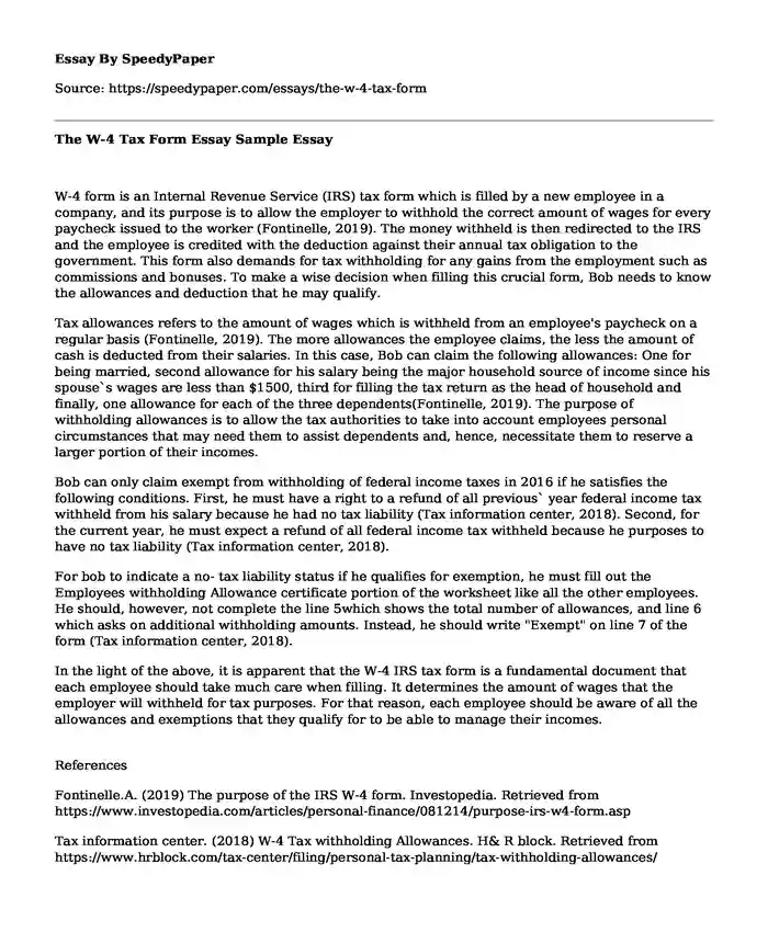 The W 4 Tax Form Essay Sample SpeedyPaper The W 4 Tax Form Essay Sample SpeedyPaper