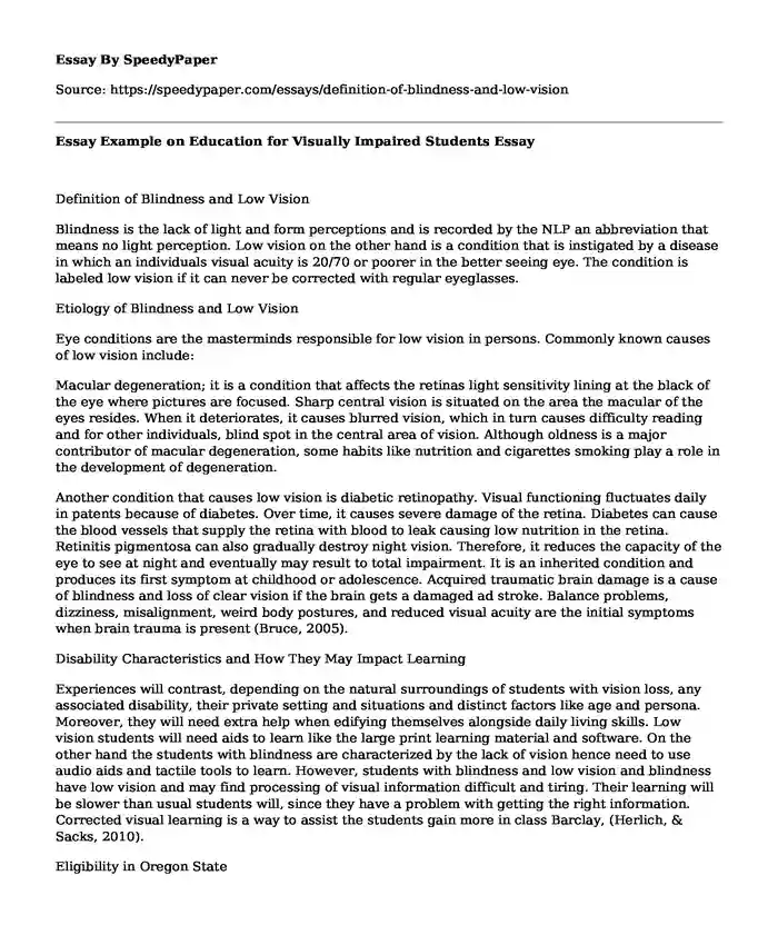 Essay Example On Education For Visually Impaired Students Essay Example On Education For Visually Impaired Students