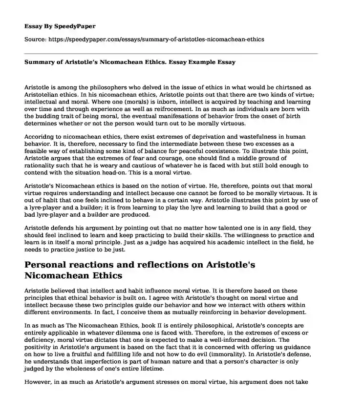 Summary Of Aristotle s Nicomachean Ethics Essay Example Summary Of Aristotle s Nicomachean Ethics Essay Example